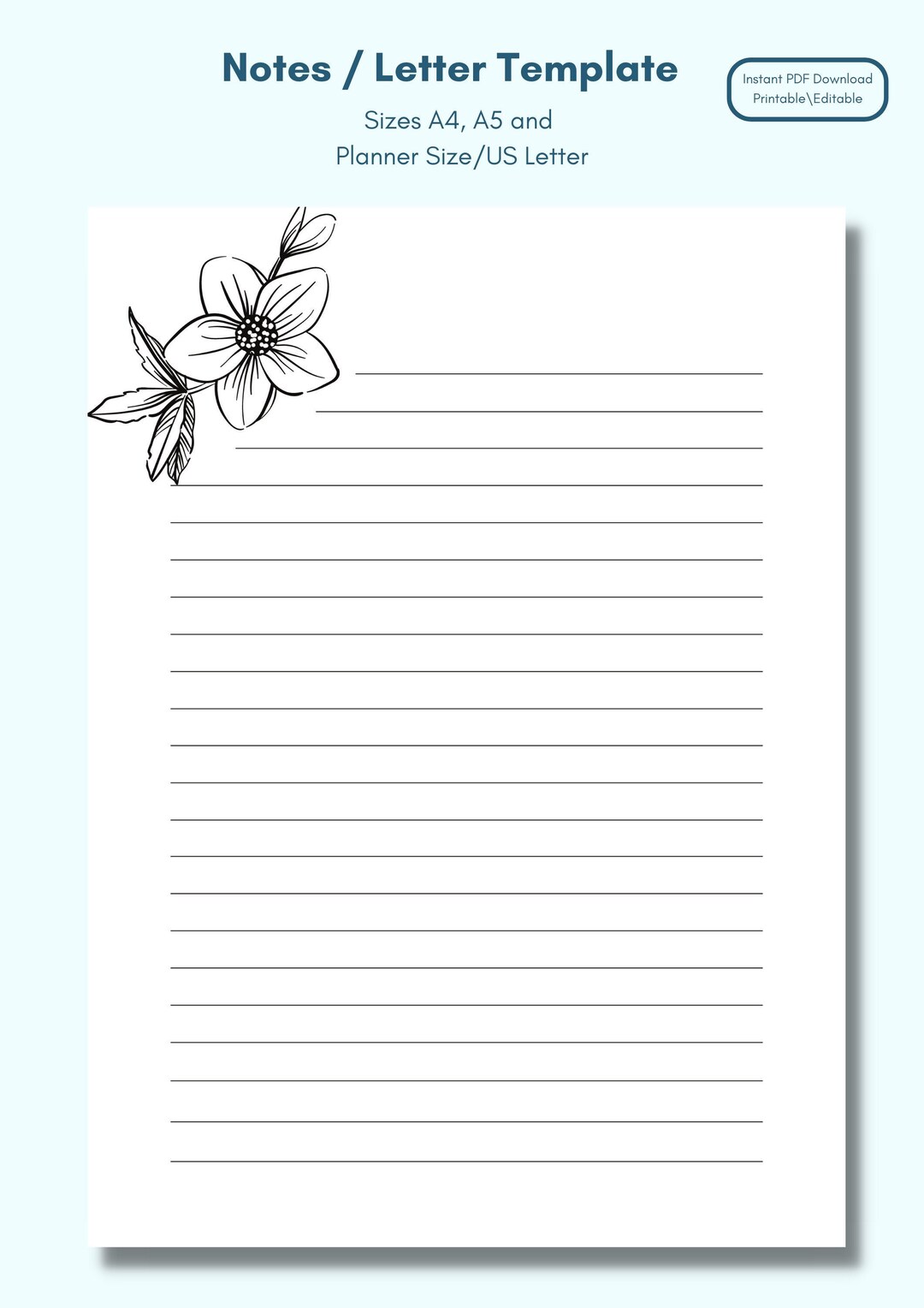 Pencil Sketched Flower Lined Letter Template Printable Digital Download ...