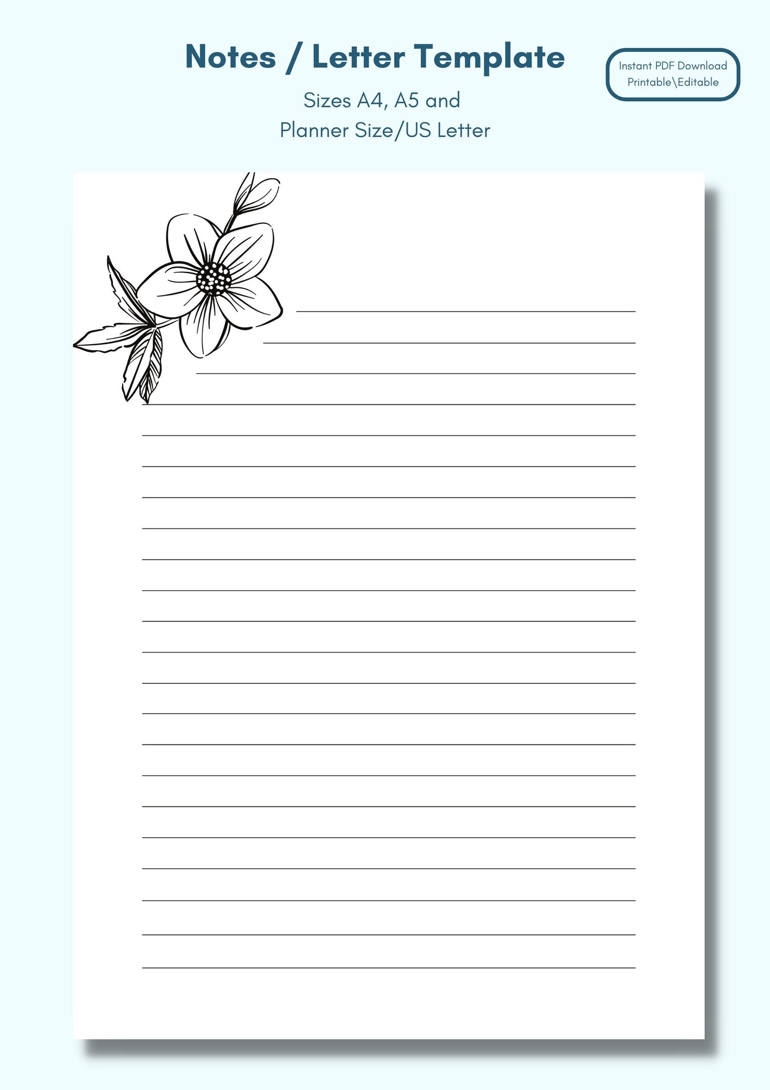 Pencil Sketched Flower Lined Letter Template Printable Digital Download ...