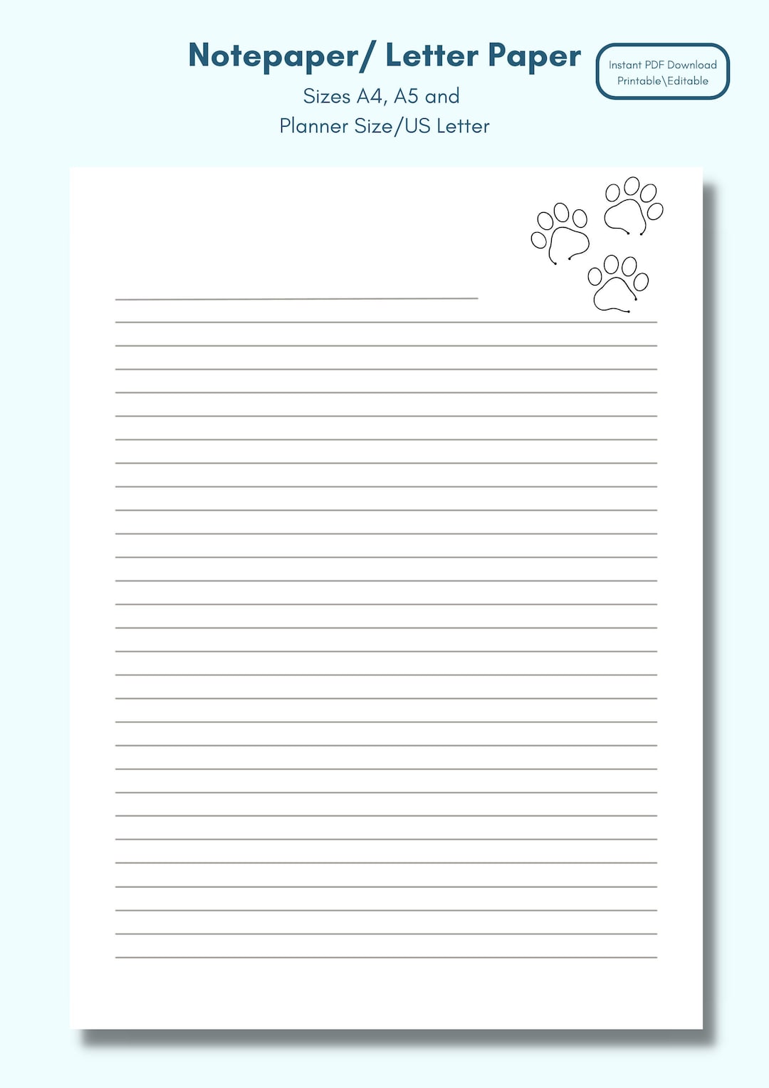 Pawprints Lined Letter Template Printable Digital Writing Paper Animals ...