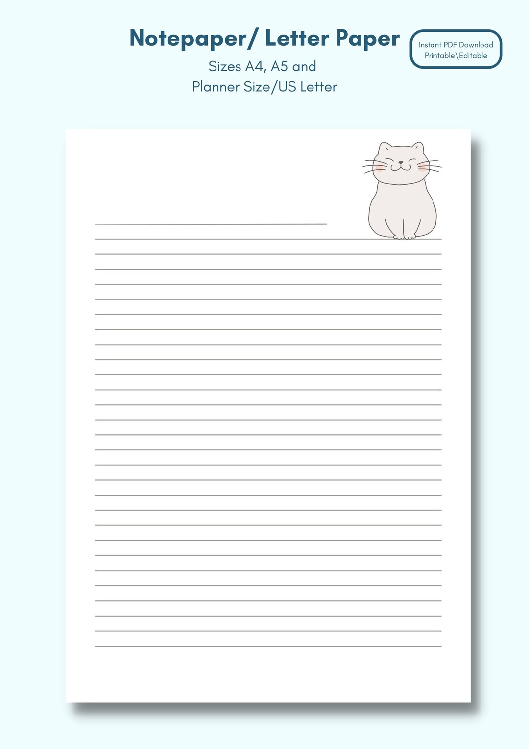 Happy Kitty on a Lined Letter Template Printable Digital Writing Paper ...