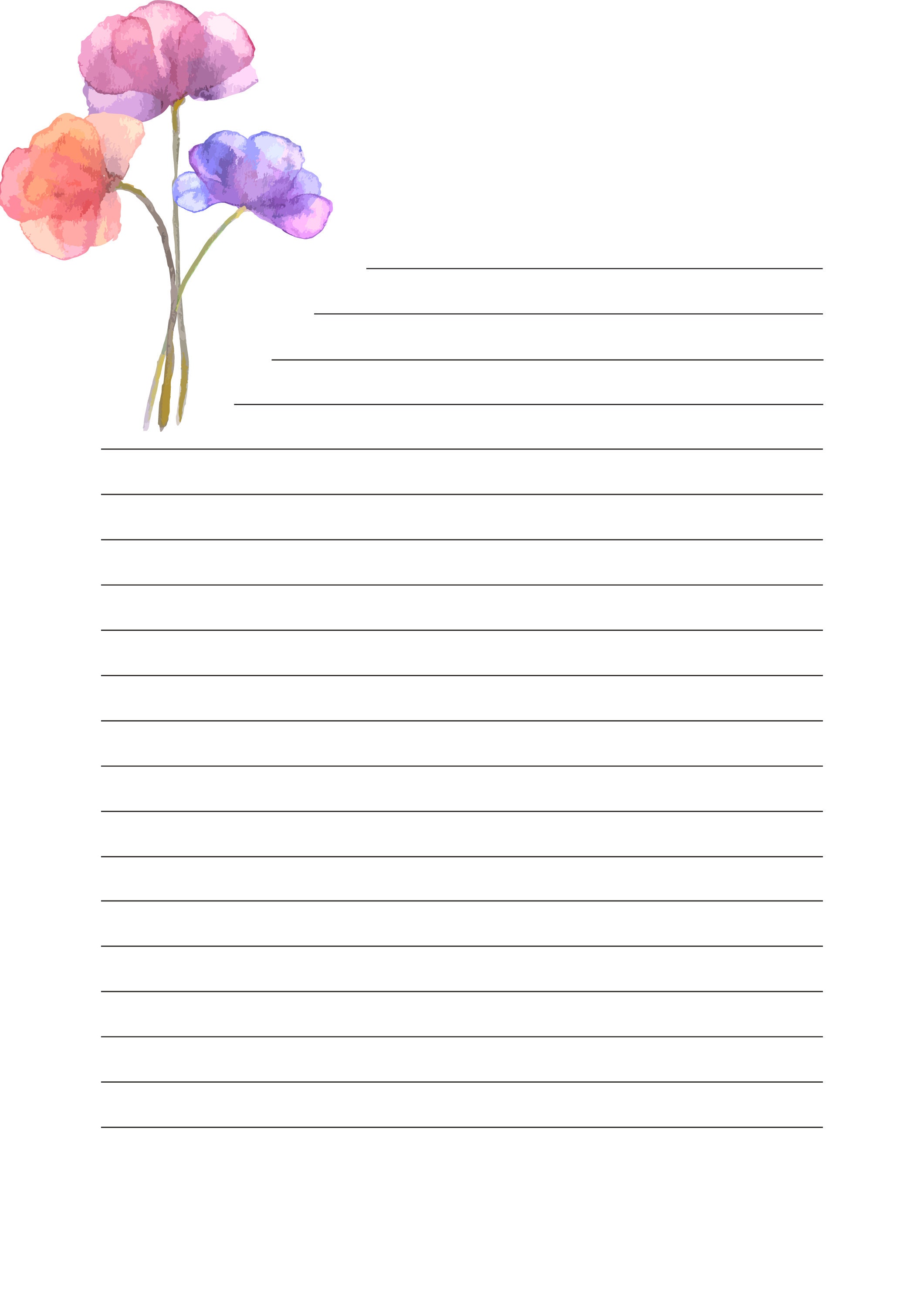 Watercolour Flowers Lined Letter Template Printable Digital Download ...