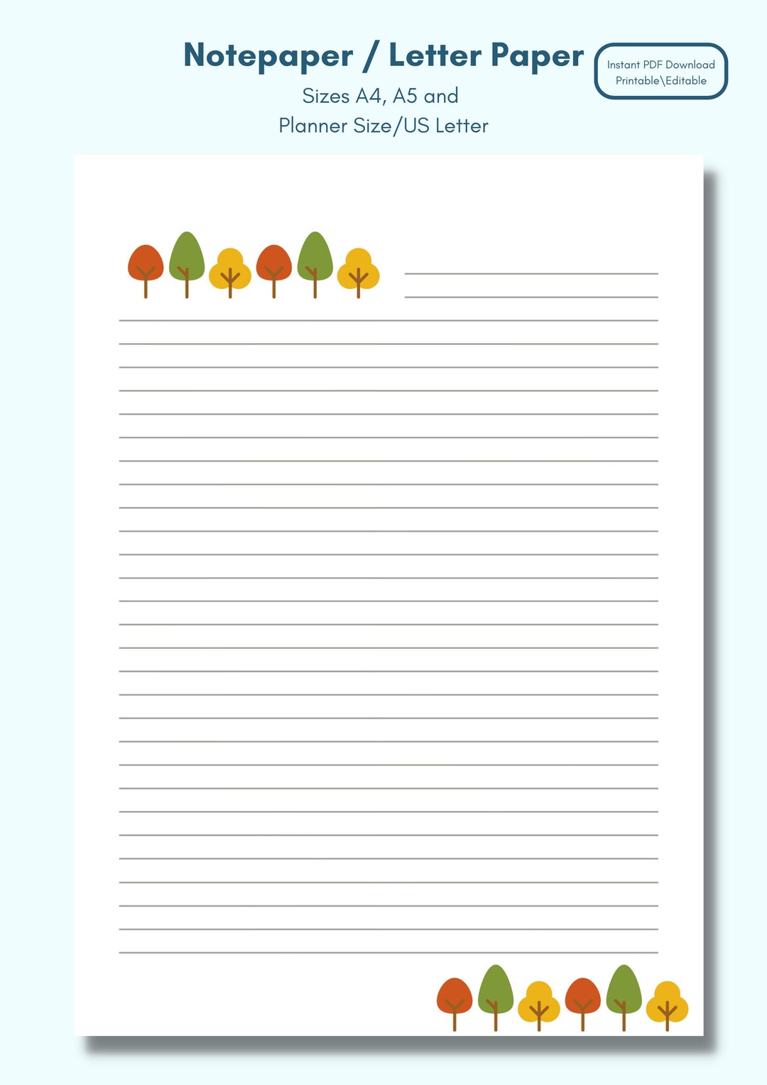 Lined Letter Template With Autumn Trees Printable Stationery Fall ...