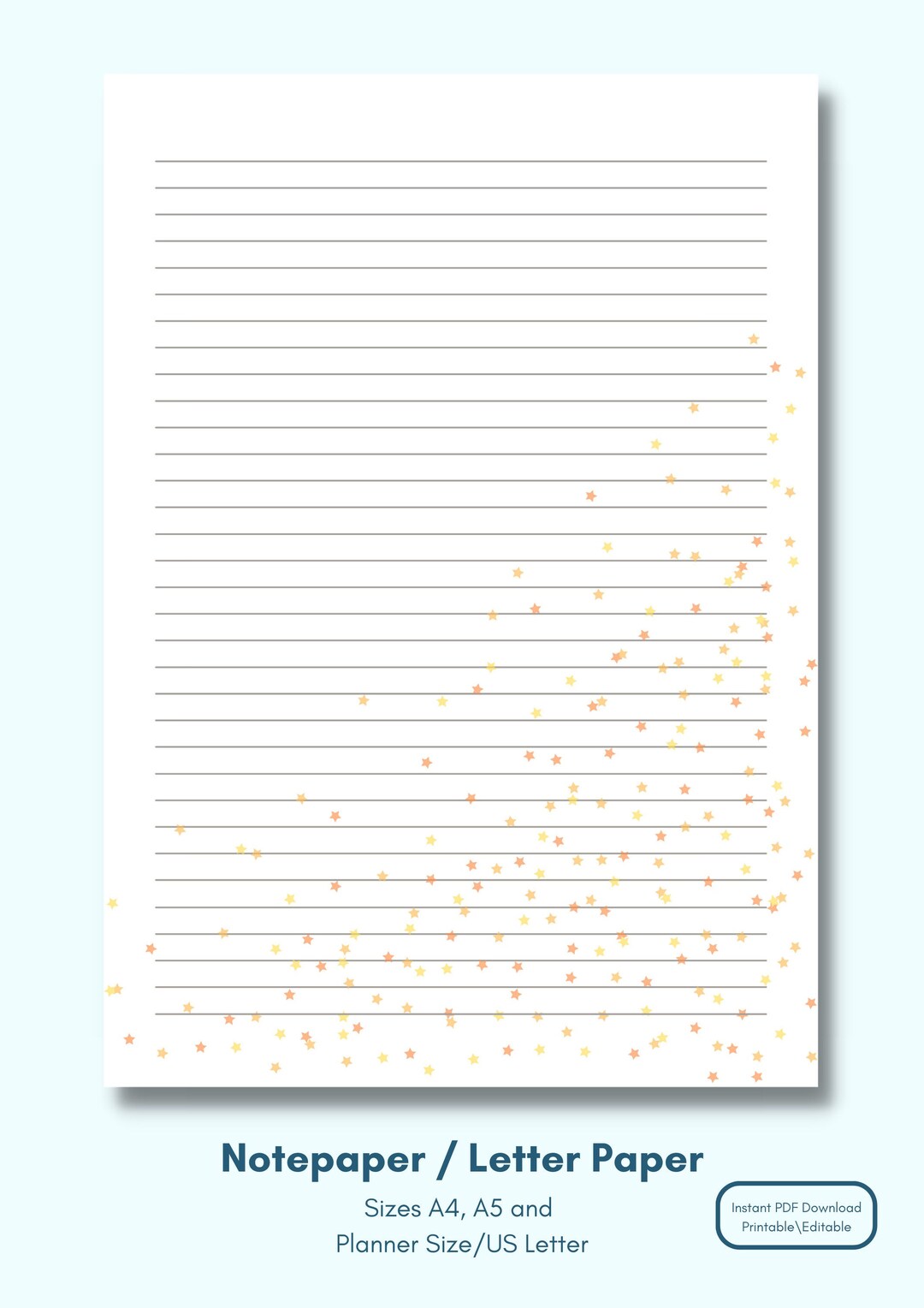 Orange Gold Stars Lined Letter Template Printable Digital Download ...