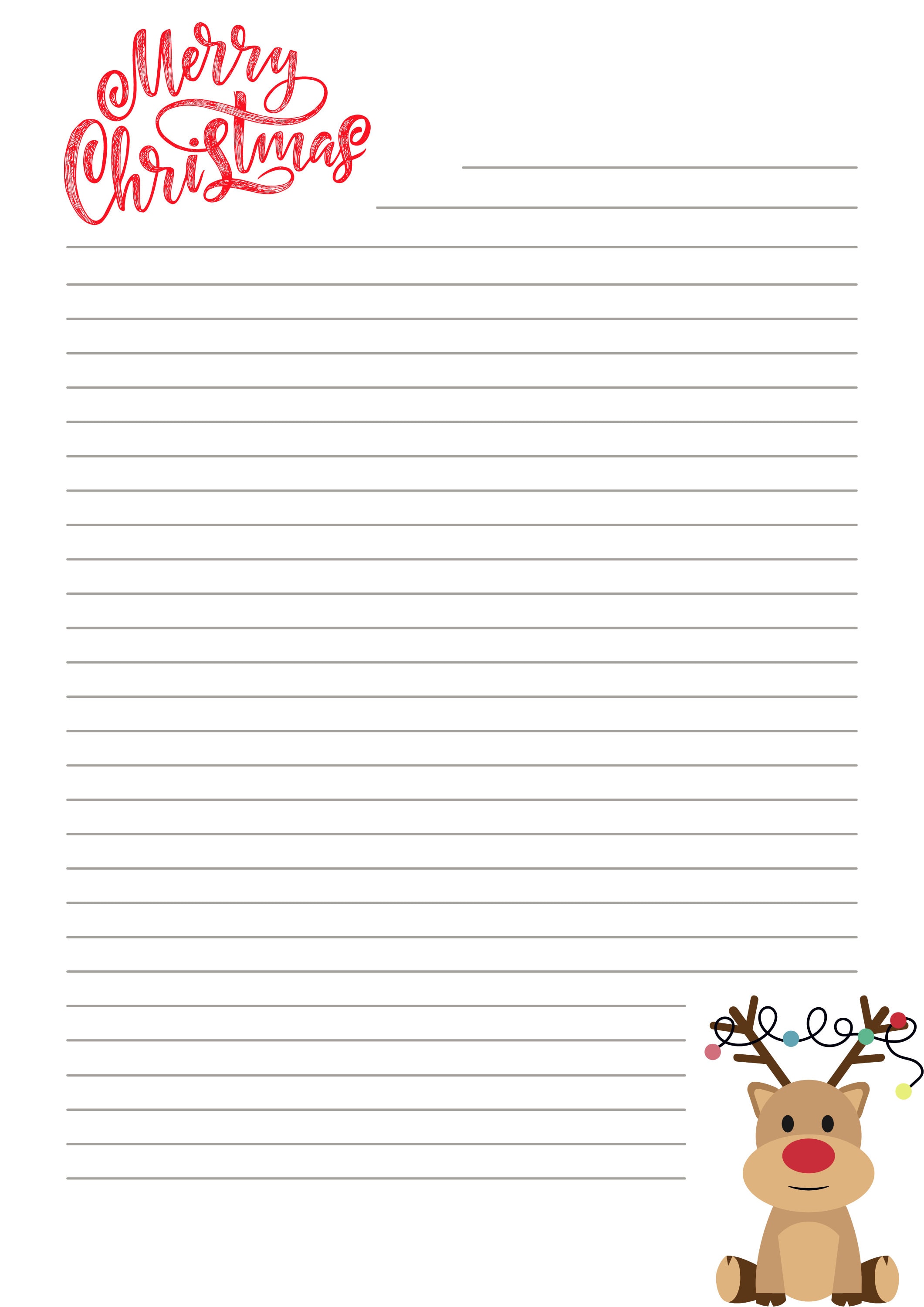 Reindeer Merry Christmas Lined Letter Template Printable Digital ...