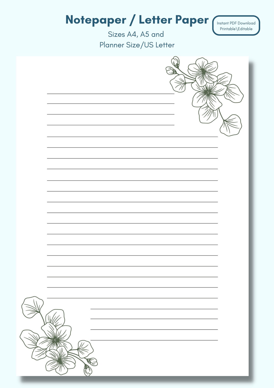 Flowery Lined Letter Template in Black and White Printable Digital ...