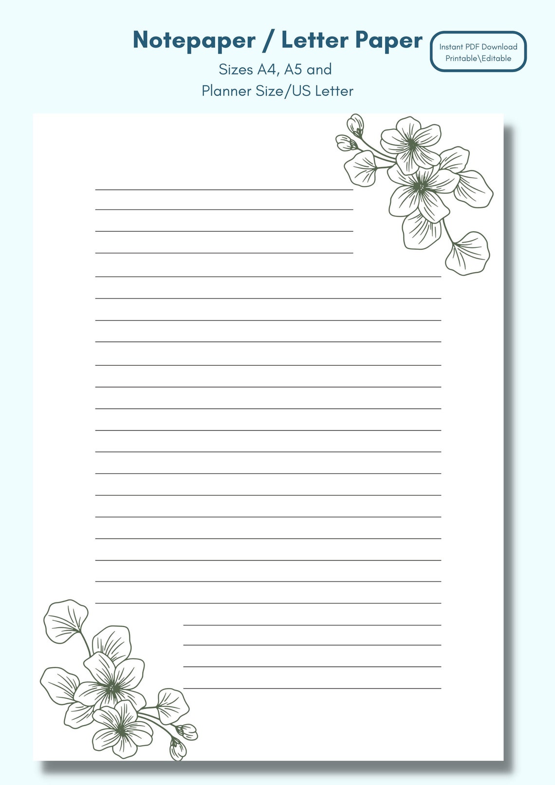 Flowery Lined Letter Template in Black and White Printable Digital ...
