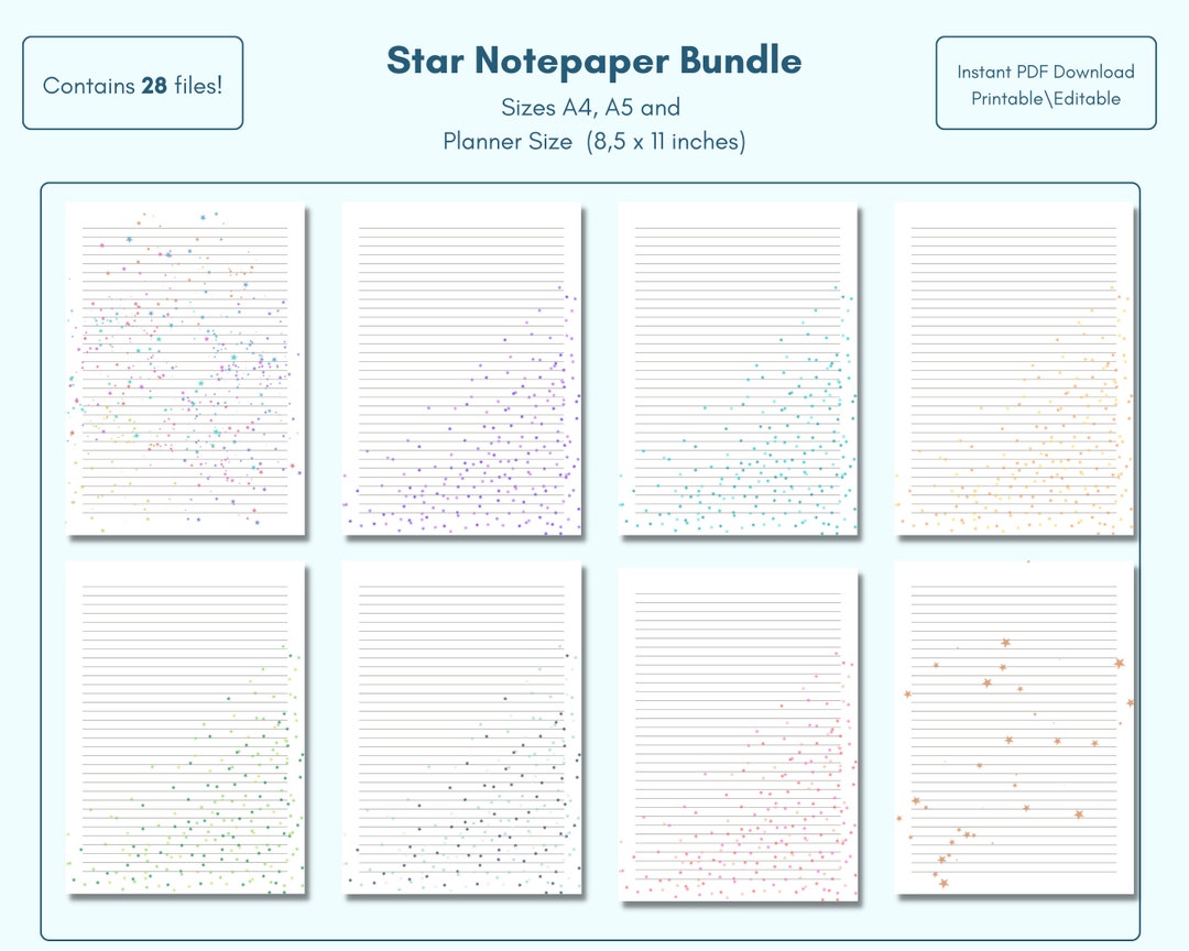 8 Starry Notepaper Letter Bundle in 3 Sizes Printable Stars Writing ...