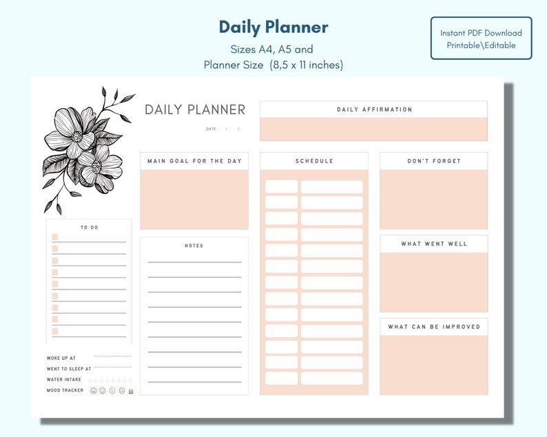 Pink Daily Planner 2025 Undated Flowers Printable Digital Planner ...