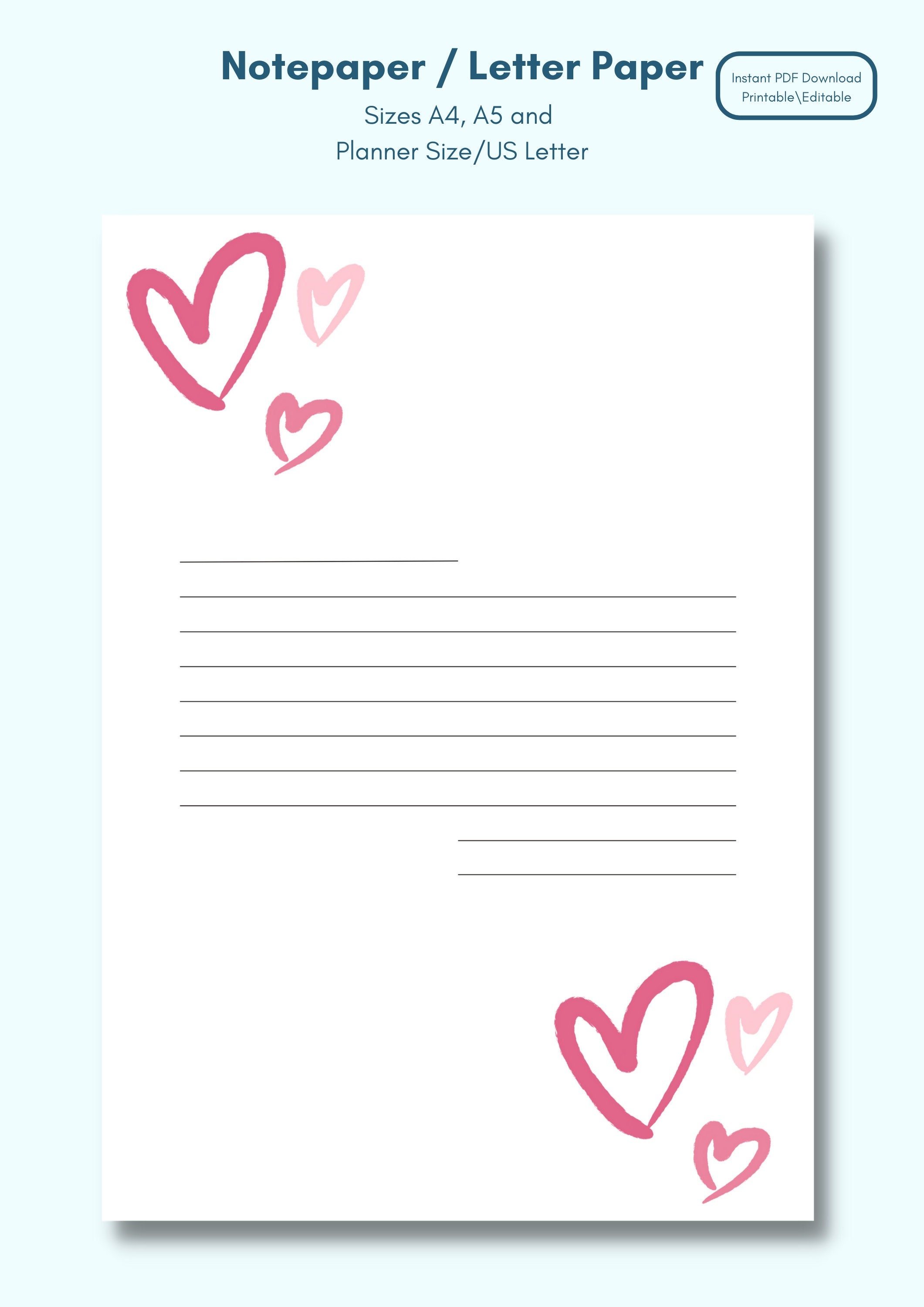 Valentine Love Note Digital Notepaper Letter Writing Template ...