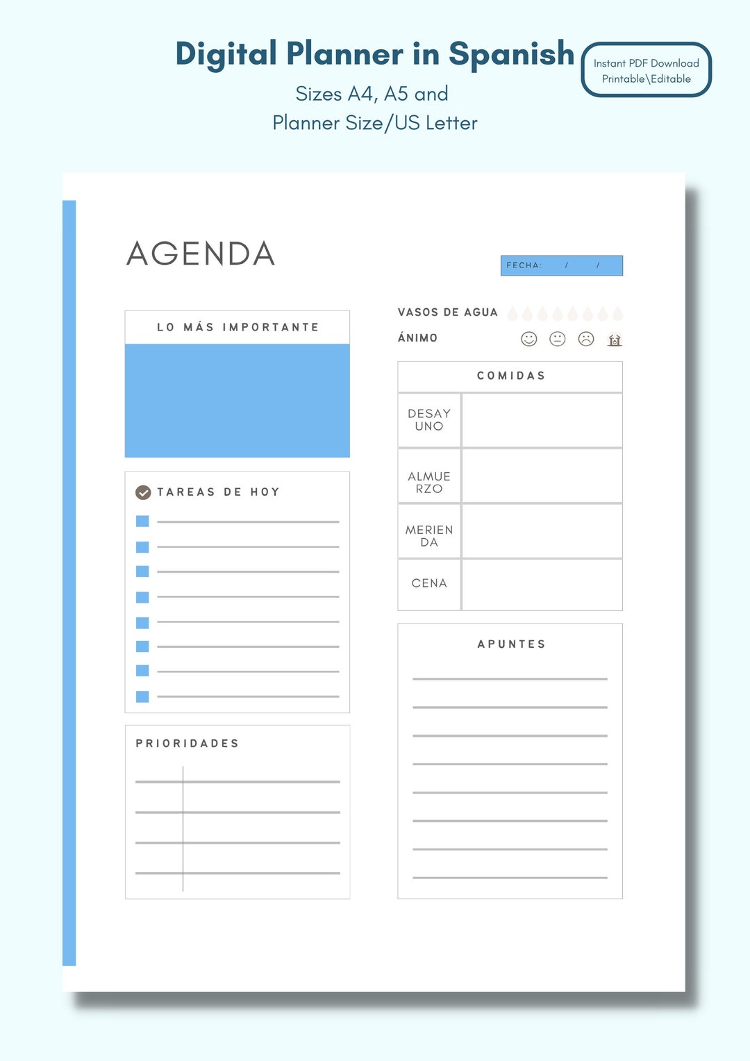 Spanish Undated Daily Planner in Blue for 2023 Editable Tracker ...