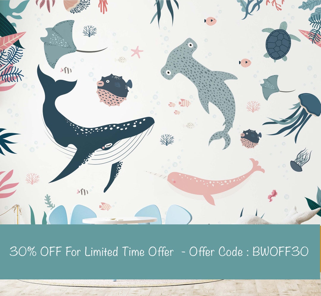 Removable Wallpaper Ocean Wall Decal Underwater World Blue Whale ...