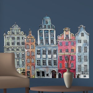 Watercolor Amsterdam Building Wall Decal European Building Wall Art Neo-gothic in Style Wall ...