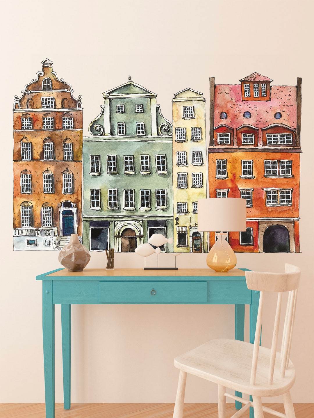 Watercolor European Building Wall Decal Amsterdam Building Wall Art ...