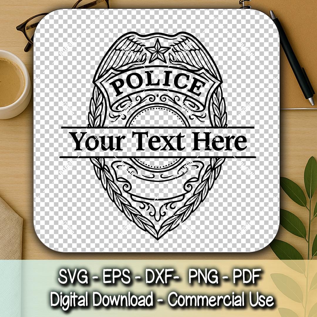 Police Badge Split Monogram SVG, Realistic Blackwork Line Art, Custom ...