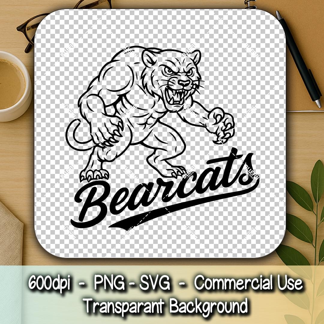 Bearcat Mascot SVG | Bold Bearcats Script Line Art | Blackwork Digital ...