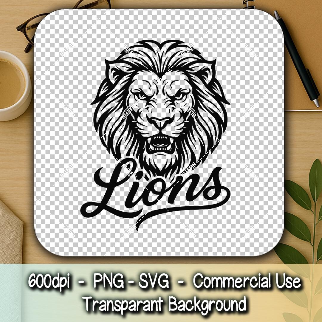 Lion Mascot SVG With Hand-lettered “lions” Script – Blackwork Line Art ...