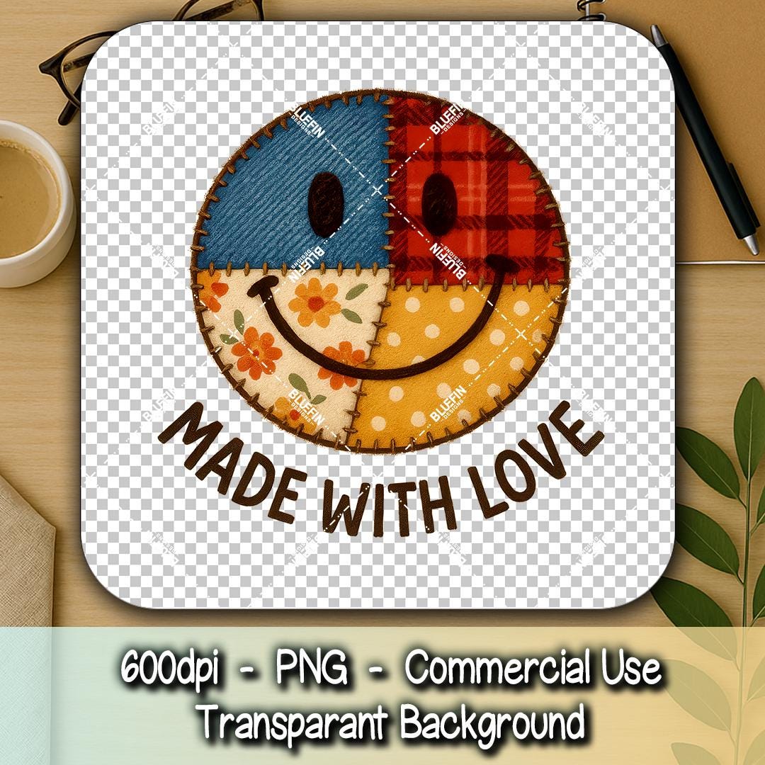 Patchwork Smiley Face Clipart – Stitched Fabric, Denim, Plaid, Floral ...