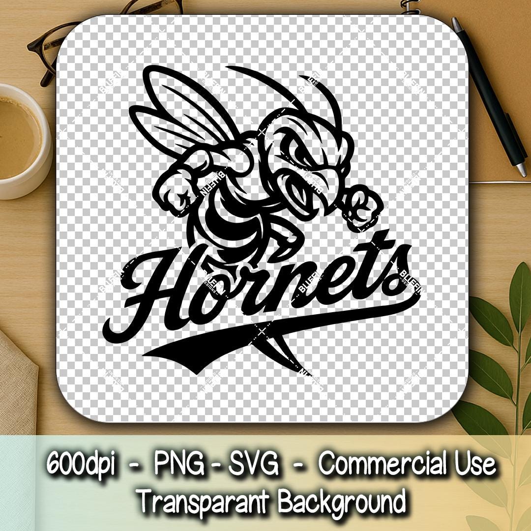 Hornet Mascot SVG With “hornets” Script – Bold Blackwork Line Art ...