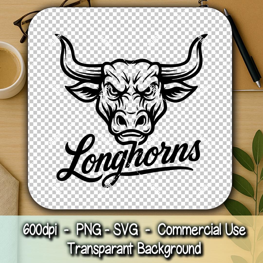 Longhorn Mascot SVG With "longhorns" Script – Bold Blackwork Line Art ...