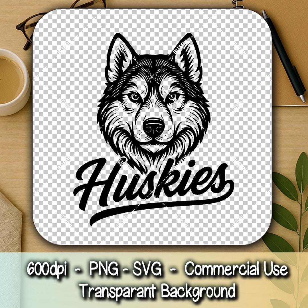 Huskie Mascot SVG – Fierce Husky Dog Head With “huskies” Script | Blackwork Line Art Logo Cut ...