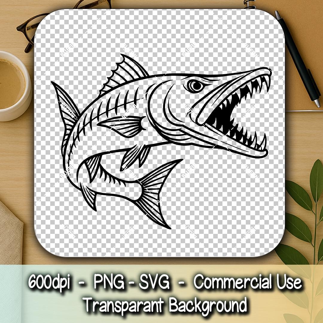 Realistic Barracuda Outline SVG | Jagged Teeth Fish Silhouette | Crisp ...