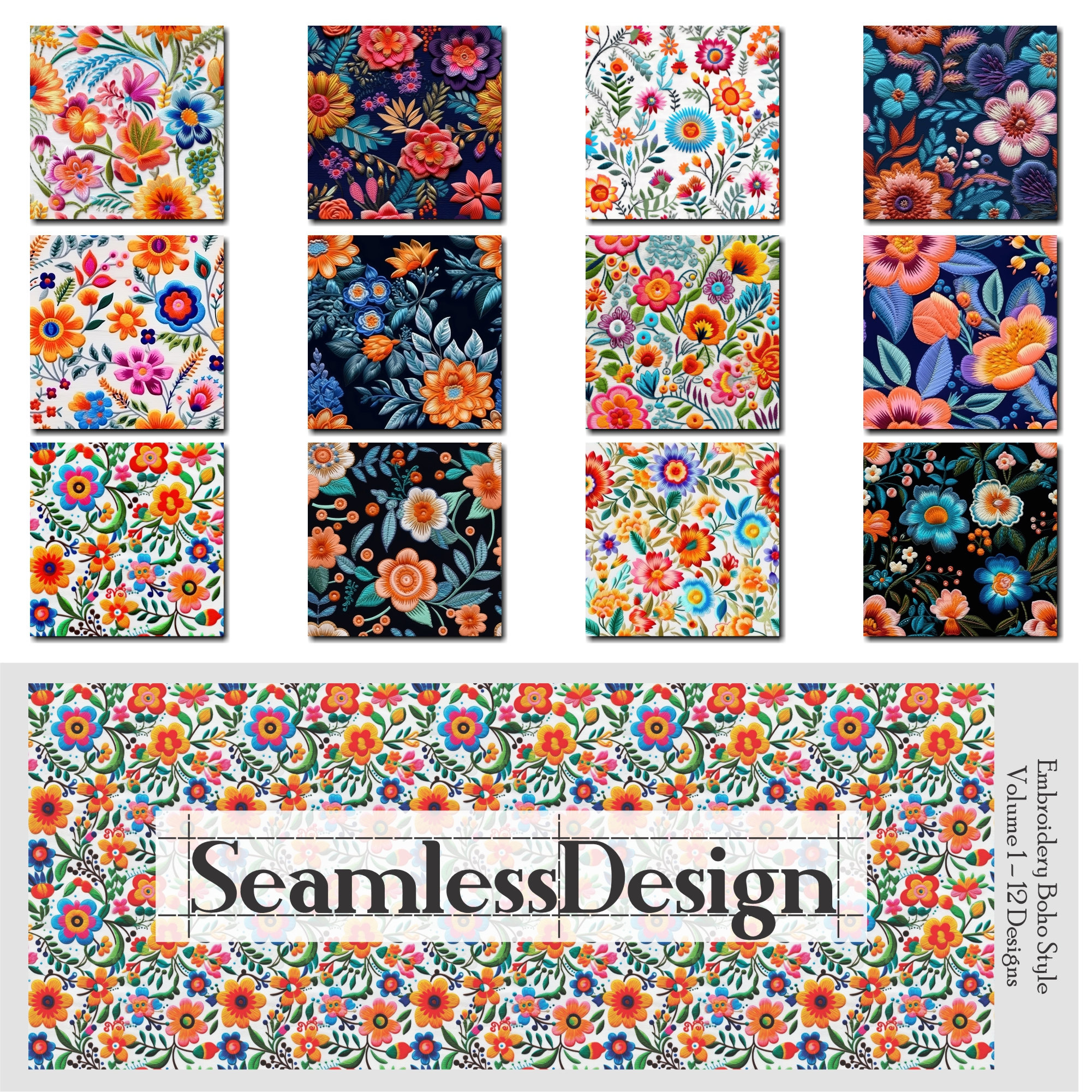 Embroidery Boho Style Vol. 1 SEAMLESS Digital Paper Backgrounds ...