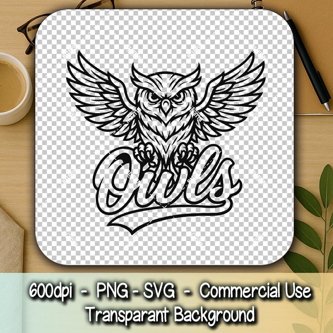 Owl Mascot SVG | Fierce Owl With "owls" Script | Blackwork Line Art Cut ...