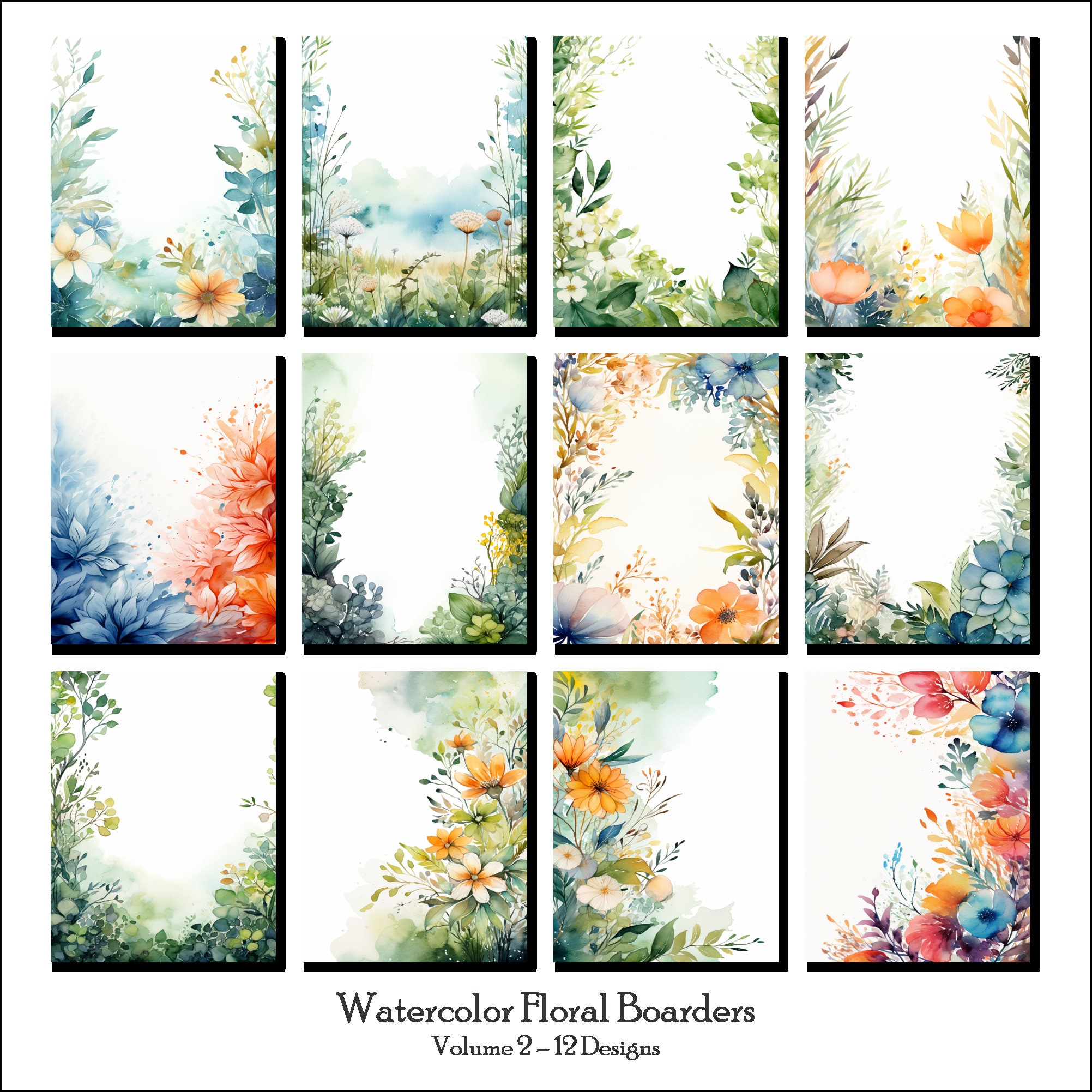 Watercolor Floral Boarders Vol. 2 Letter Size Digital Paper-backgrounds ...
