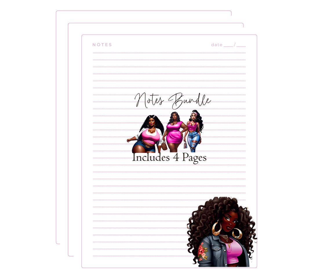 Pink Printable Notes Bundle, 4 Designs, Curvy Black Girl, Memo Pad ...