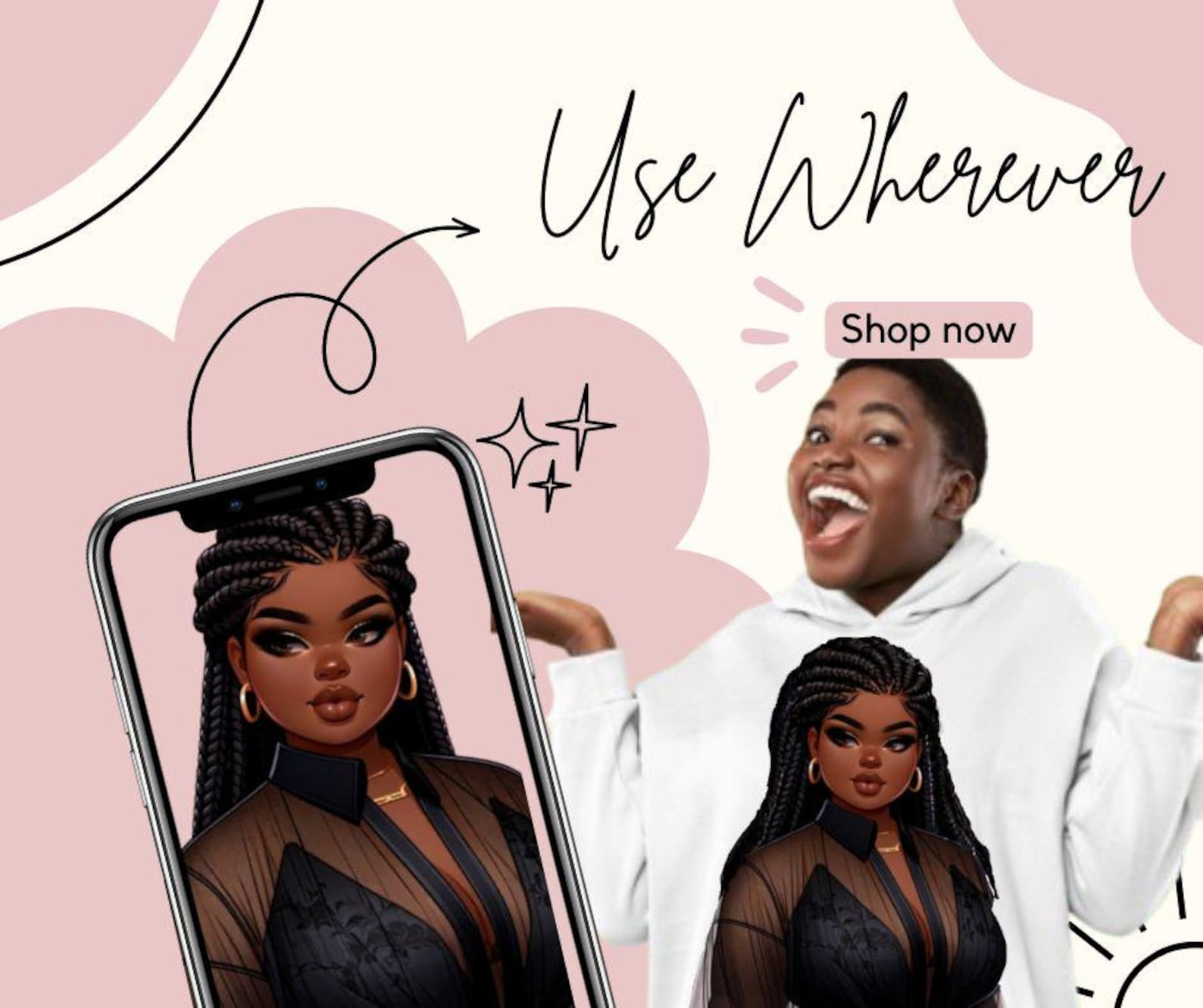 Plus Size PNG Printable Art, Chubby Black Woman With Braids Wall Decor ...