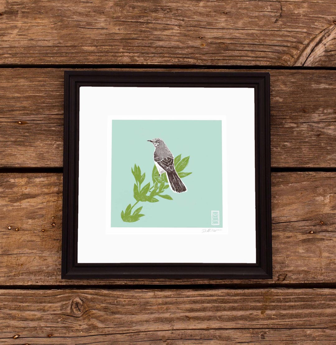 Mockingbird Print Linocut Style Bird Lover Gift Birder Gift Bird Decor ...
