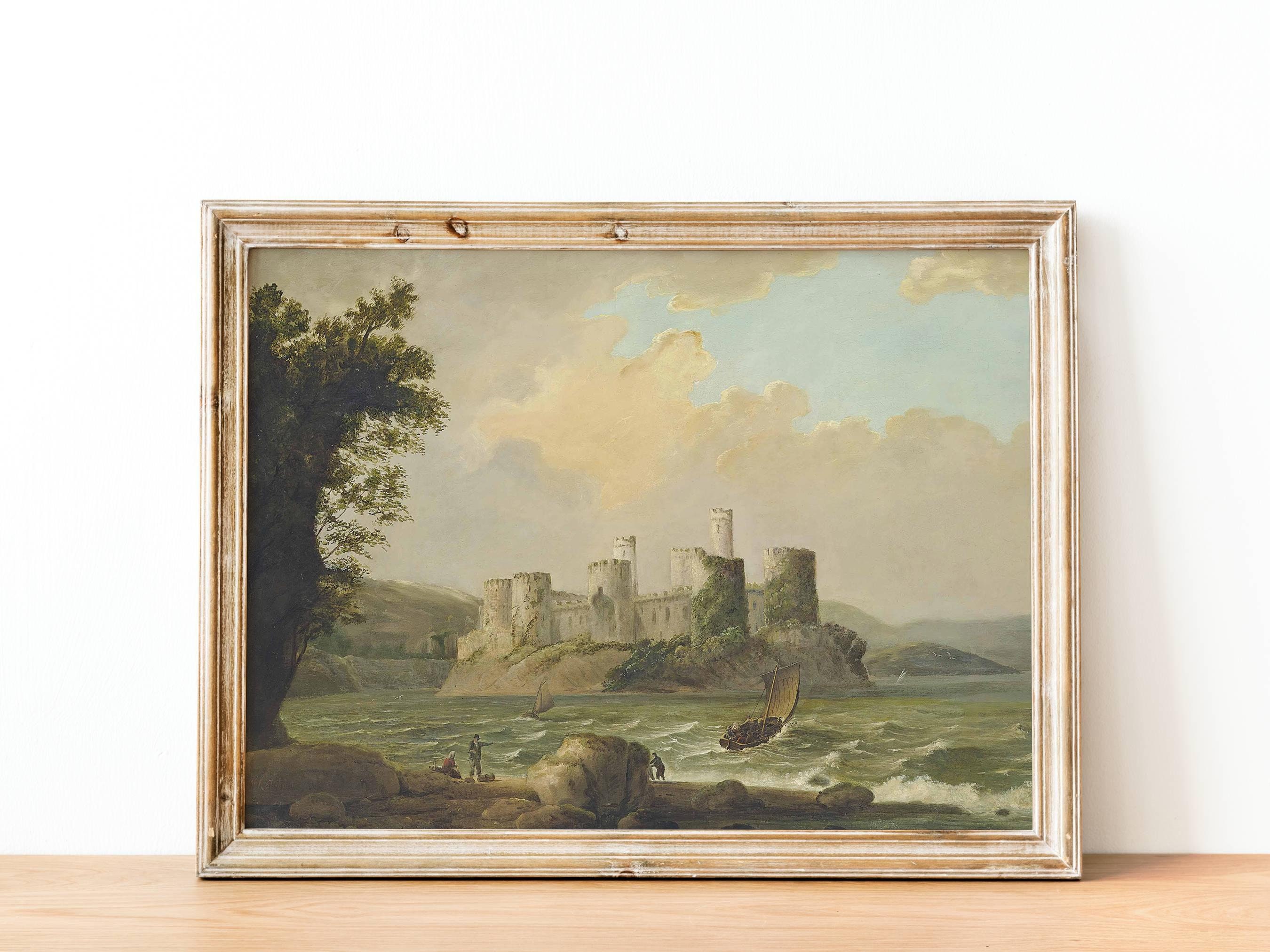 Vintage Medieval Fortress Painting - Antique Print of Conwy Castle ...