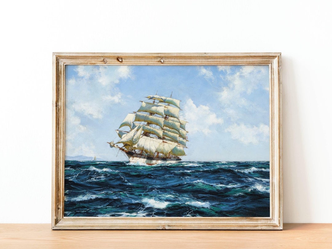 Antique Sailing Ship Print - Vintage Oil Painting of Ship at Sea ...