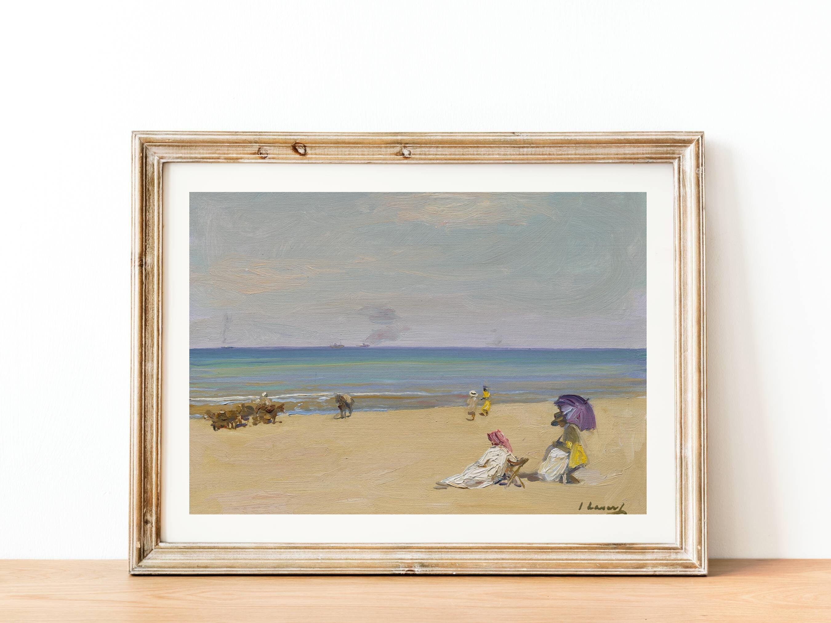 Vintage Beach Scene Print - Antique Seaside Oil Painting, Coastal Sea ...