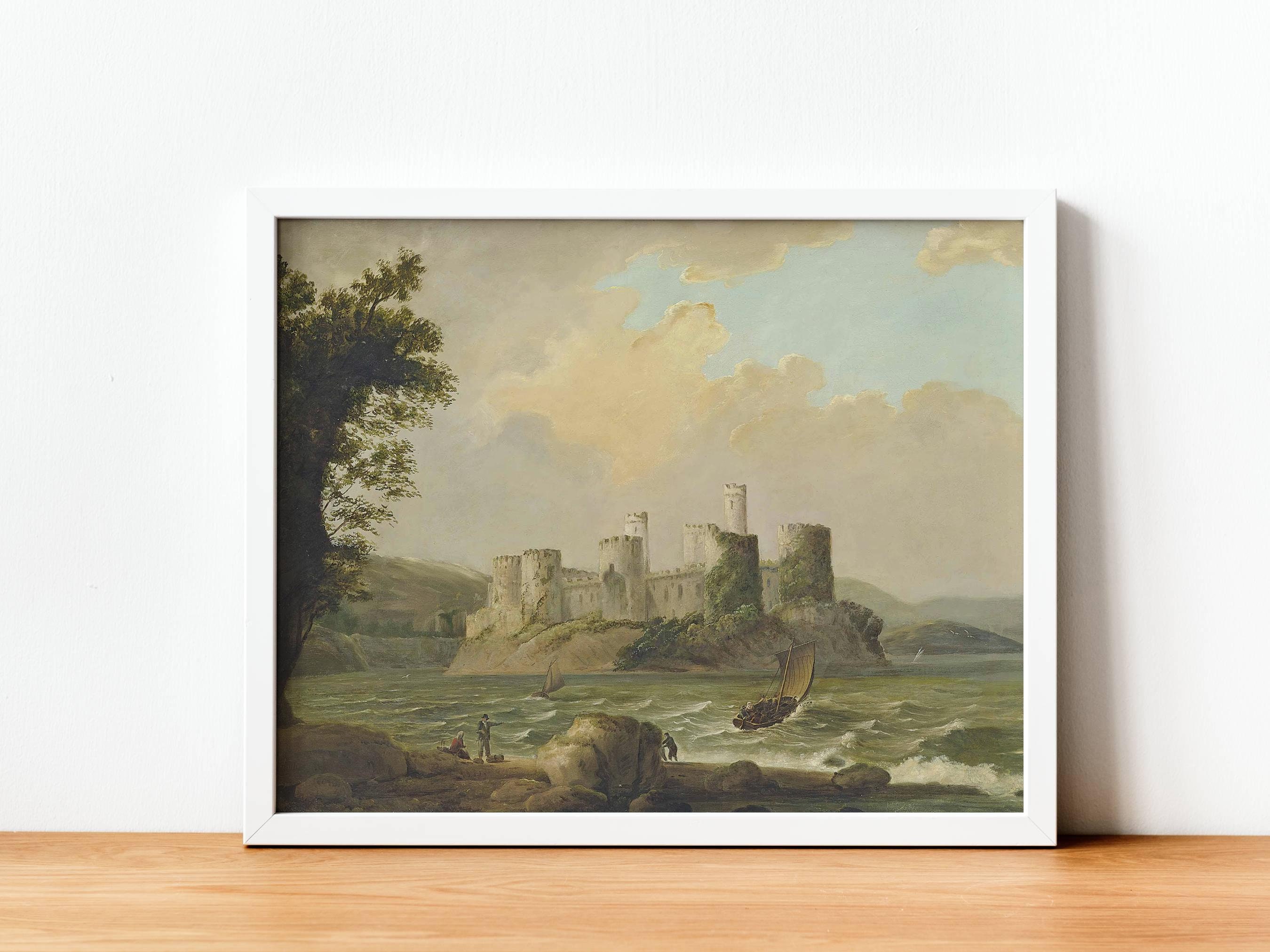 Vintage Medieval Fortress Painting - Antique Print of Conwy Castle ...
