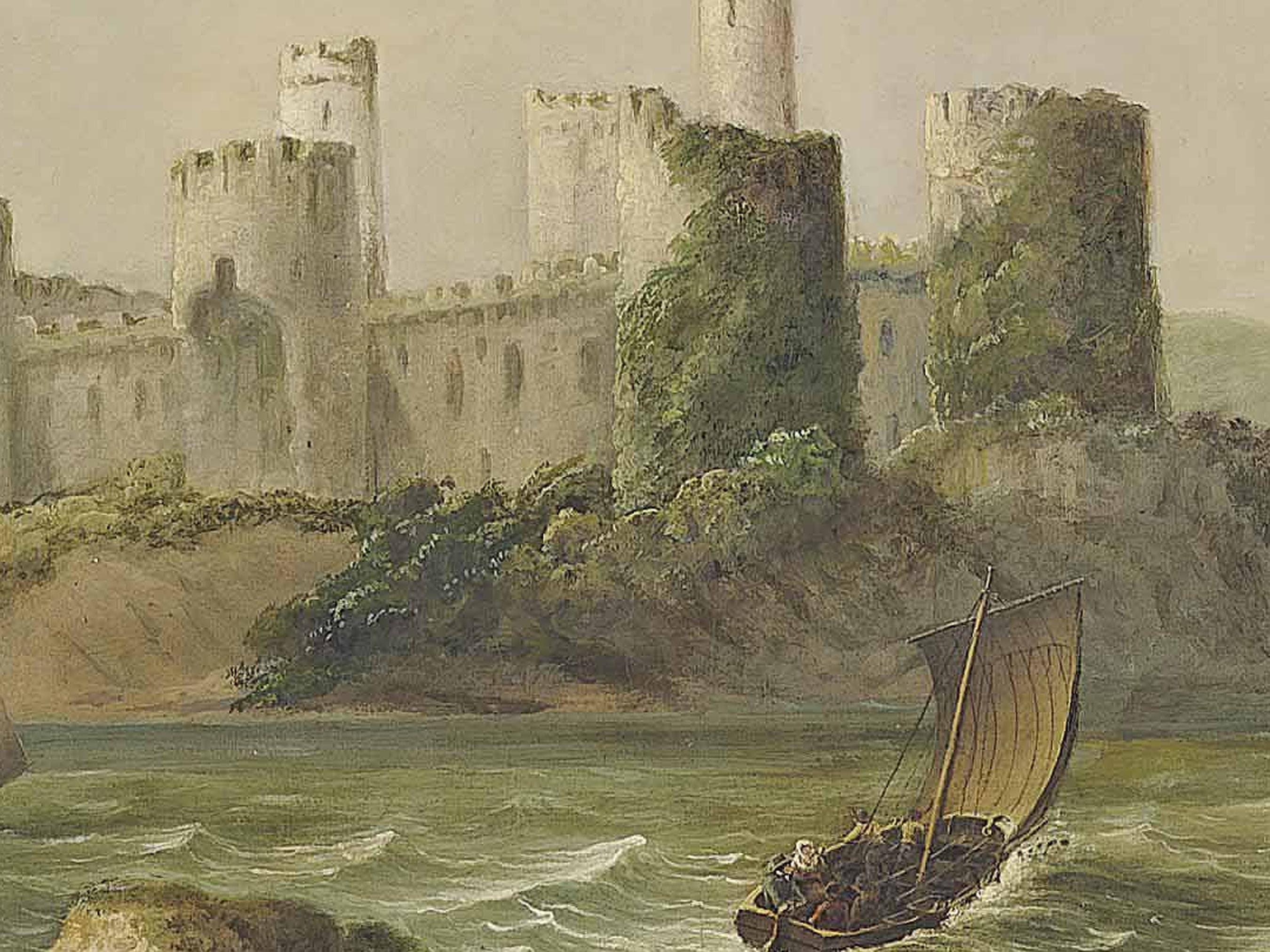Vintage Medieval Fortress Painting - Antique Print of Conwy Castle ...