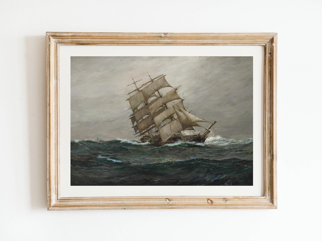 Vintage Sailing Vessel Print - Antique Oil Painting of Ship at Sea ...