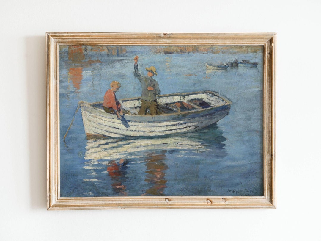 Vintage Seascape Painting - Antique Print of Boat on the Bay, 19th ...