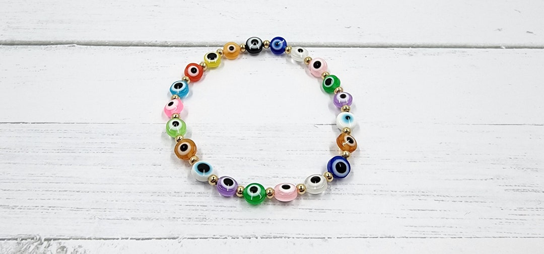 Rainbow Evil Eye Multicolored Bracelet/stretch/gold Beads/protection Bracelet/handmade/gift for ...