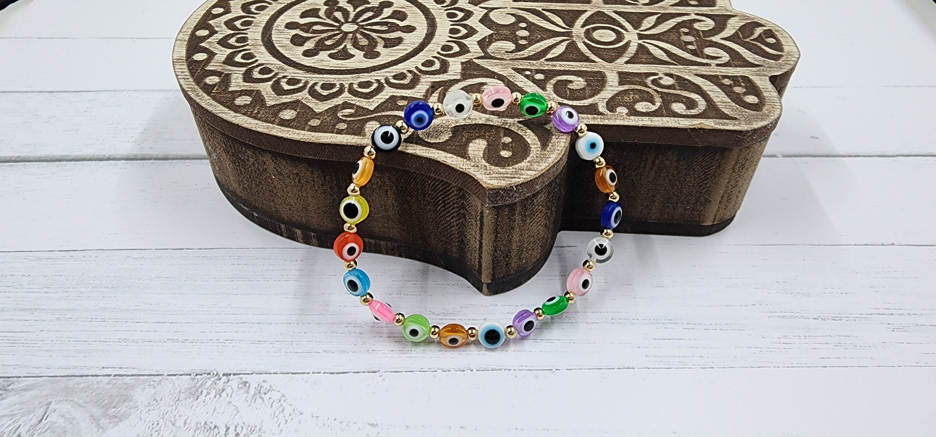 Rainbow Evil Eye Multicolored Bracelet/stretch/gold Beads/protection Bracelet/handmade/gift for ...