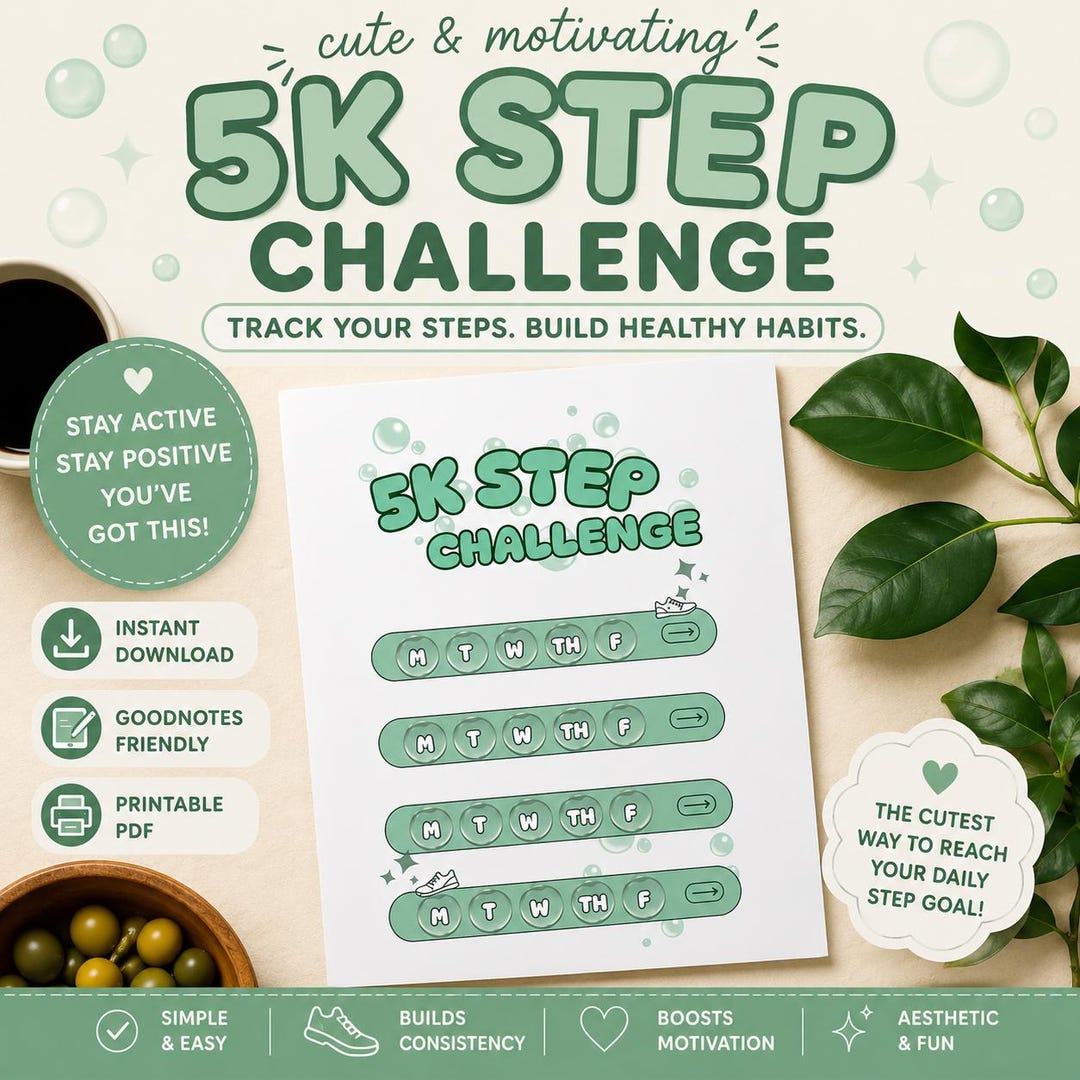 Mint 5K Step Challenge Tracker | Printable Walking Habit Goal (digital ...