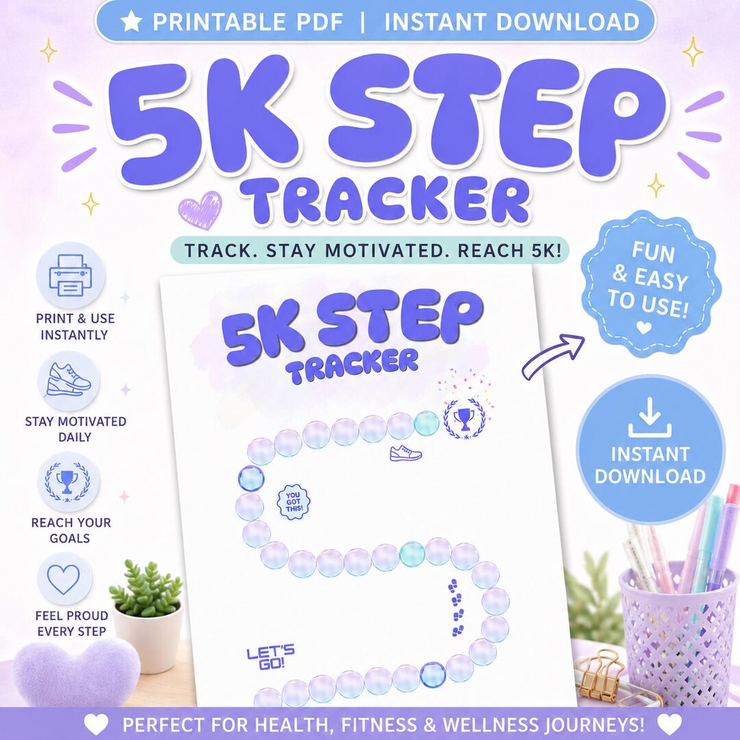 Daily 5K Step Tracker Printable | Cute Wellness PDF | Walking Habit ...