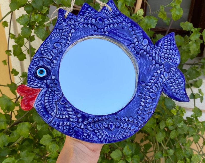 Wall Hanging Duck Green Pottery Fish Decor With Round Mirror Ceramic ...