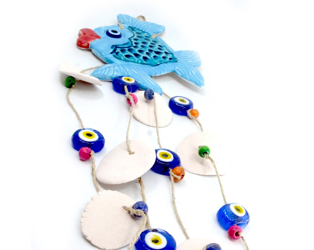Ocean Blue Ceramic Fish Bells Pottery Clownfish Wall Hanger Ornament ...