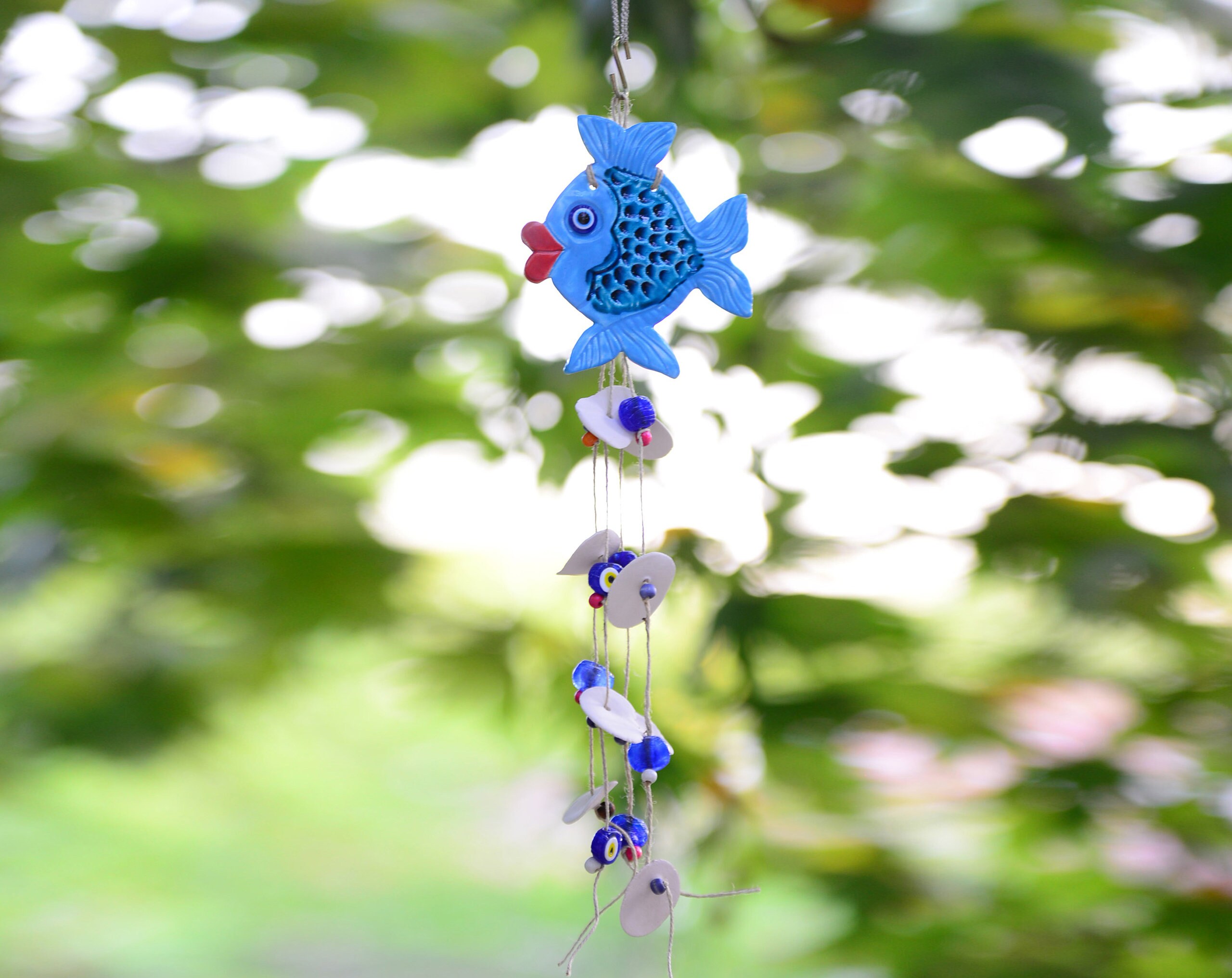 Ocean Blue Ceramic Fish Bells Pottery Clownfish Wall Hanger Ornament ...