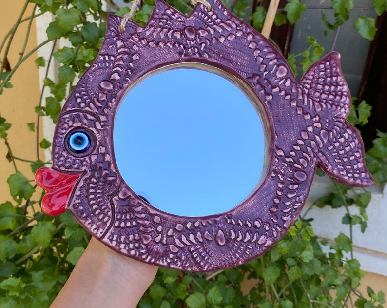 Wall Hanging Duck Green Pottery Fish Decor With Round Mirror Ceramic ...