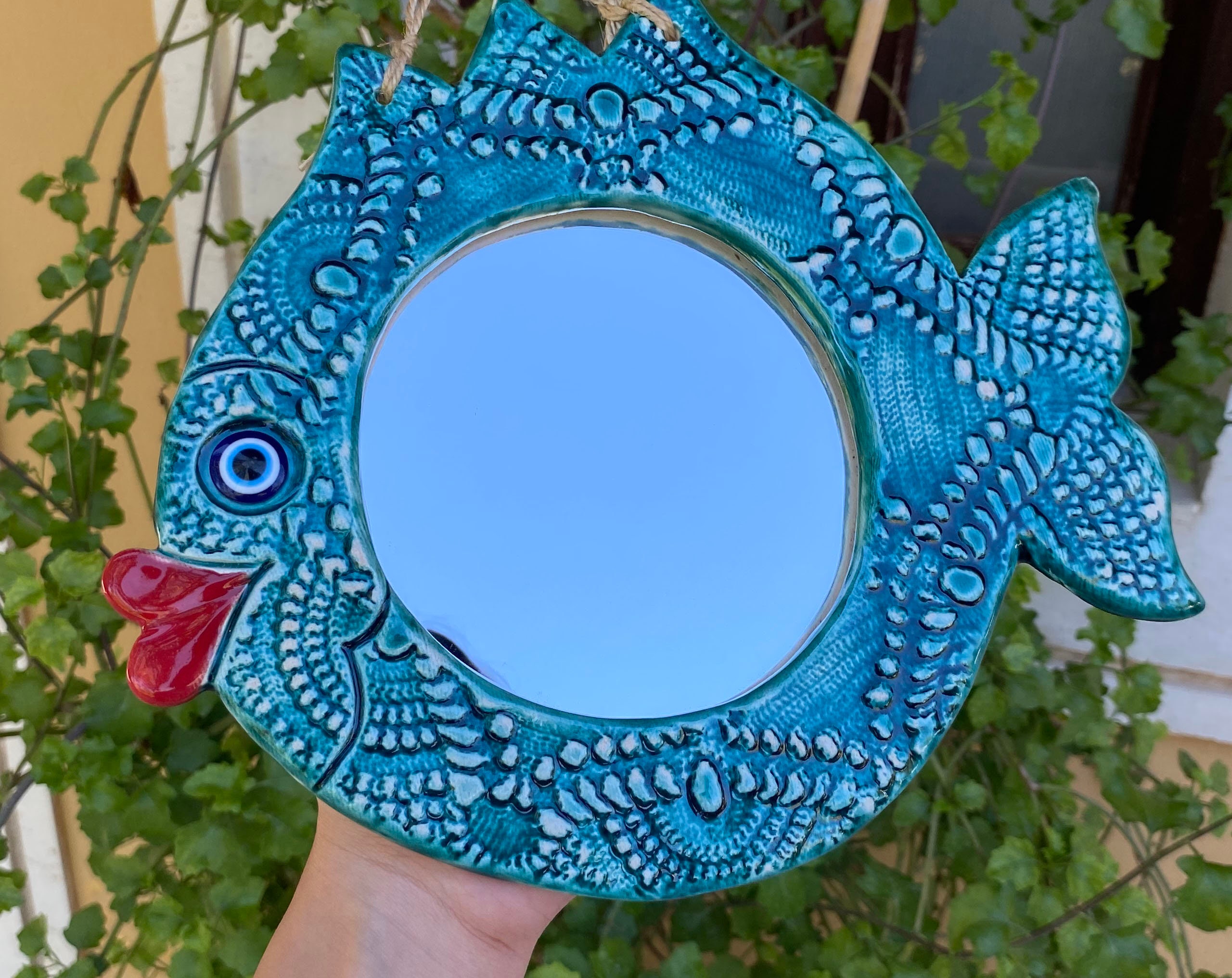 Wall Hanging Duck Green Pottery Fish Decor With Round Mirror Ceramic ...