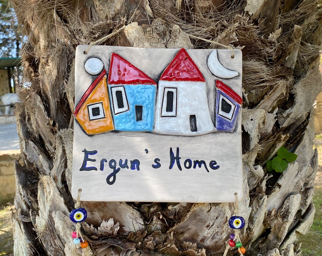 Square Ceramic Family Name Sign With House Pattern Last Name Pottery ...