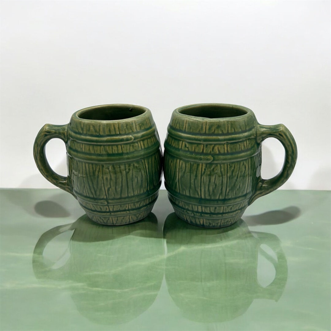 Antique Green Ceramic Barrel Mugs Set of 2 - Etsy
