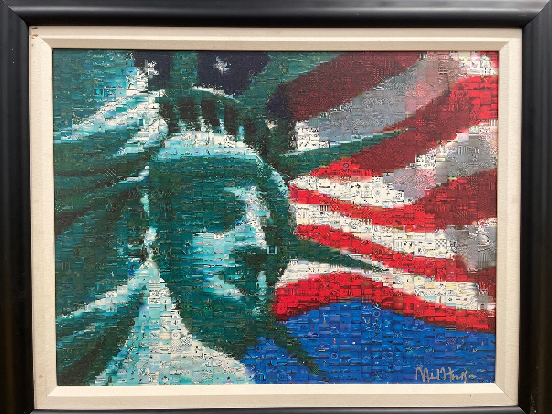 Neil J Farkas Painting on Canvas Embellished Serigraph “statue and Flag ...